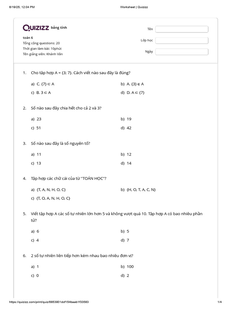 Worksheet - Quizizz | PDF