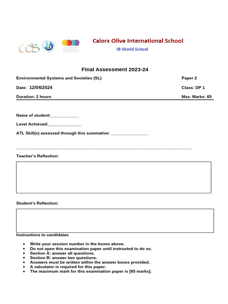 Environmental Systems Exam Paper 2024 | PDF | Ecosystem | Quantitative ...