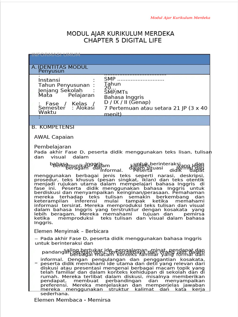 Chapter 5 - Modul Ajar B. Inggris Kurikulum Merdeka Tahun 2025 | PDF