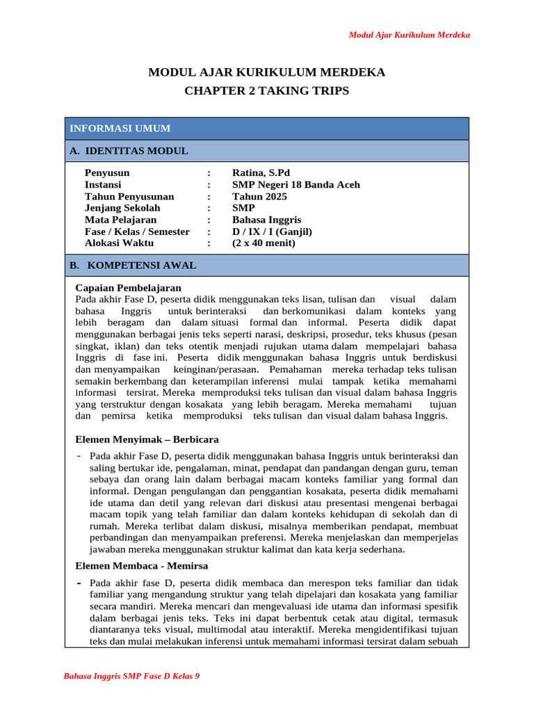 Chapter 2 - Modul Ajar B. Inggris Kurikulum Merdeka Tahun 2025 | PDF