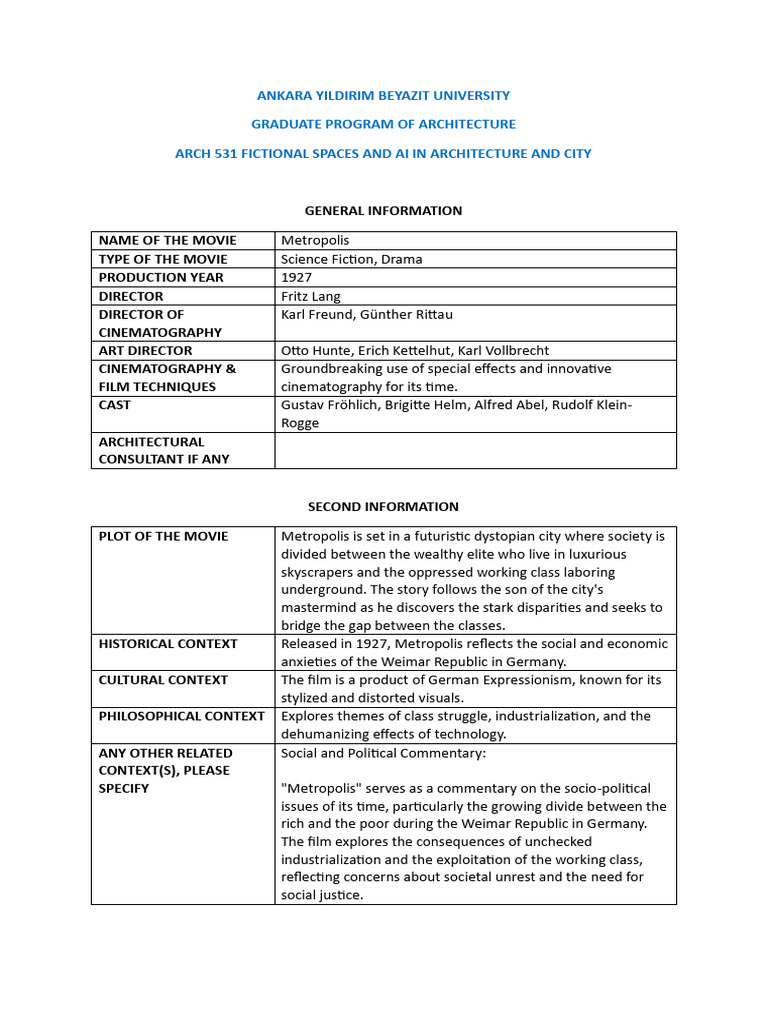 Metropolis - Movie Analysis Form | PDF