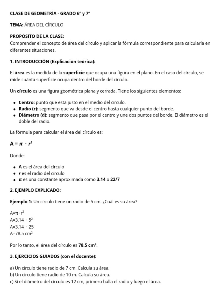 Área del Círculo: Clase para 6º y 7º | PDF