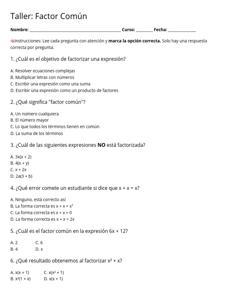 Taller de Factor Común | PDF