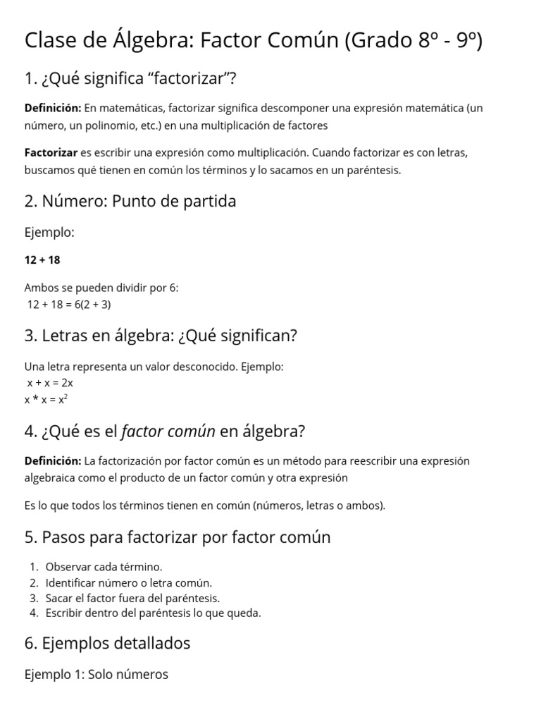 Factor Común en Álgebra: Guía para 8º-9º | PDF | Factorización ...