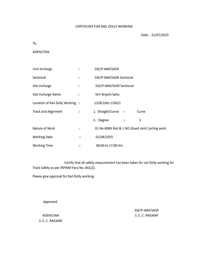 Rail Dolly Working Certificate 2025 | PDF