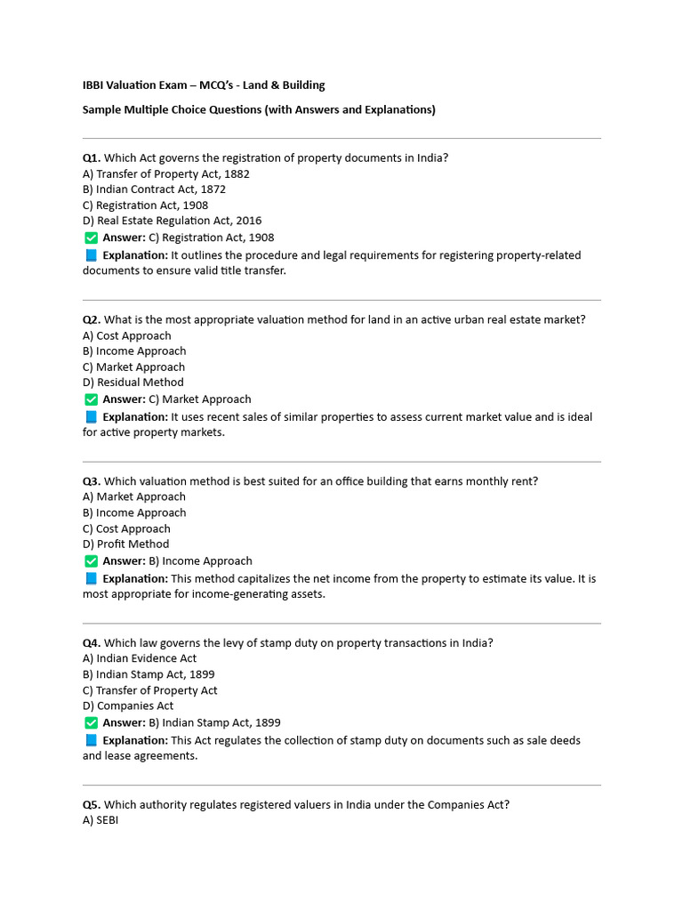 IBBI Land & Building Exam MCQs Guide | PDF | Real Estate Appraisal ...