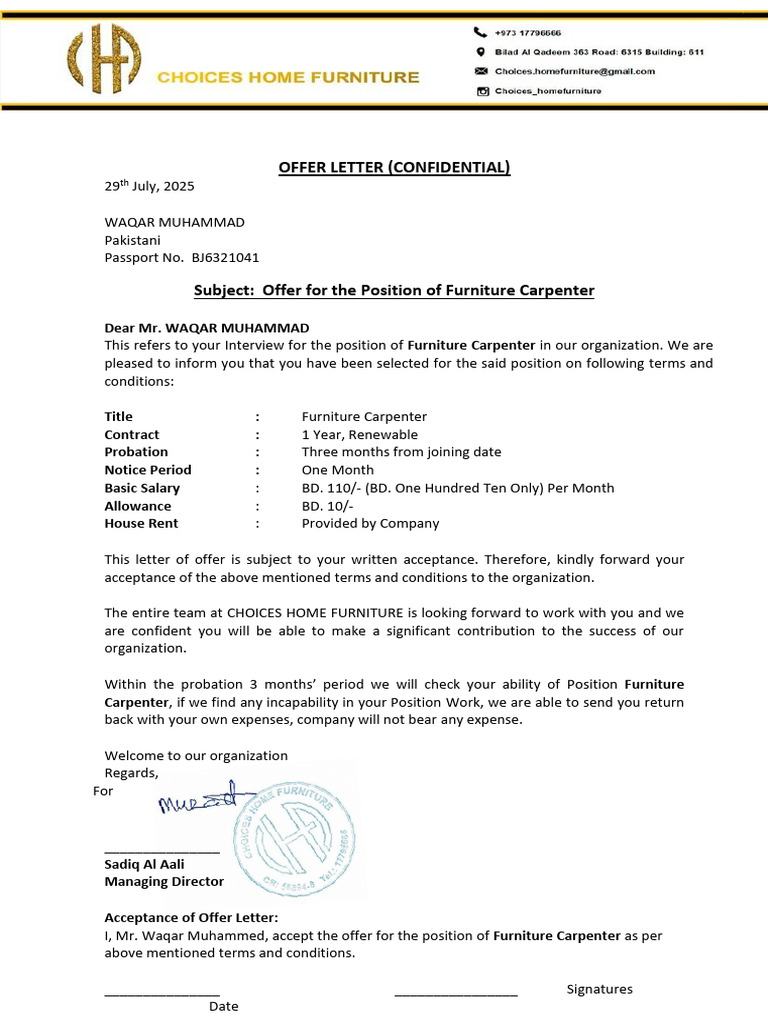 Offer Letter for Furniture Carpenter | PDF