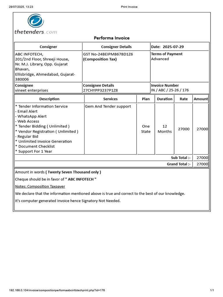 Performa Invoice for Vinit Enterprises | PDF