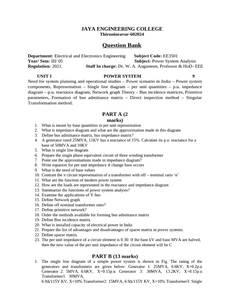 PSA EE3501 R21 Question Bank 5 Sem | PDF | Electrical Impedance | Transformer