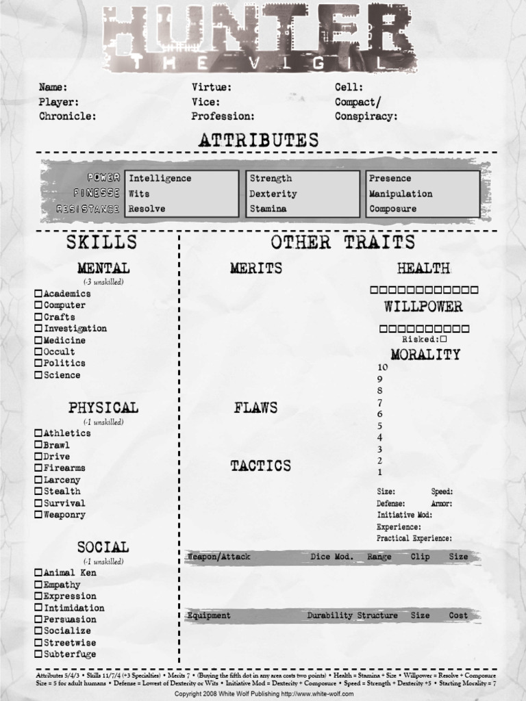 Hunter - The Vigil - Character Sheet v2 | PDF | Gaming | Role Playing Games