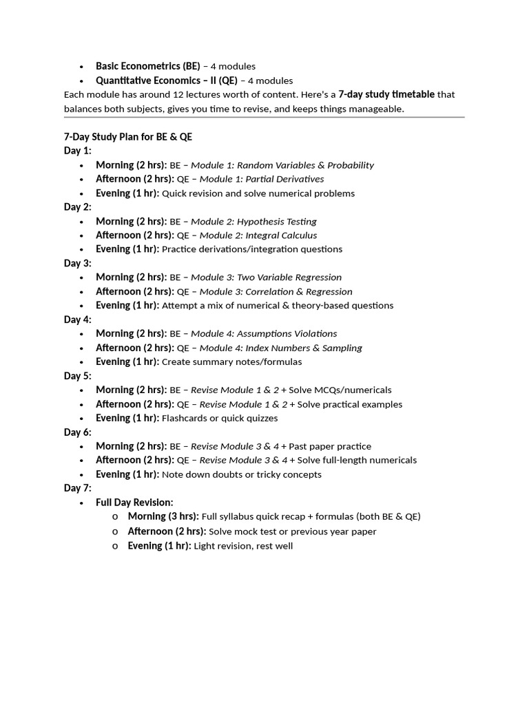 Basic Econometrics & Quantitative Economics Time Table | PDF
