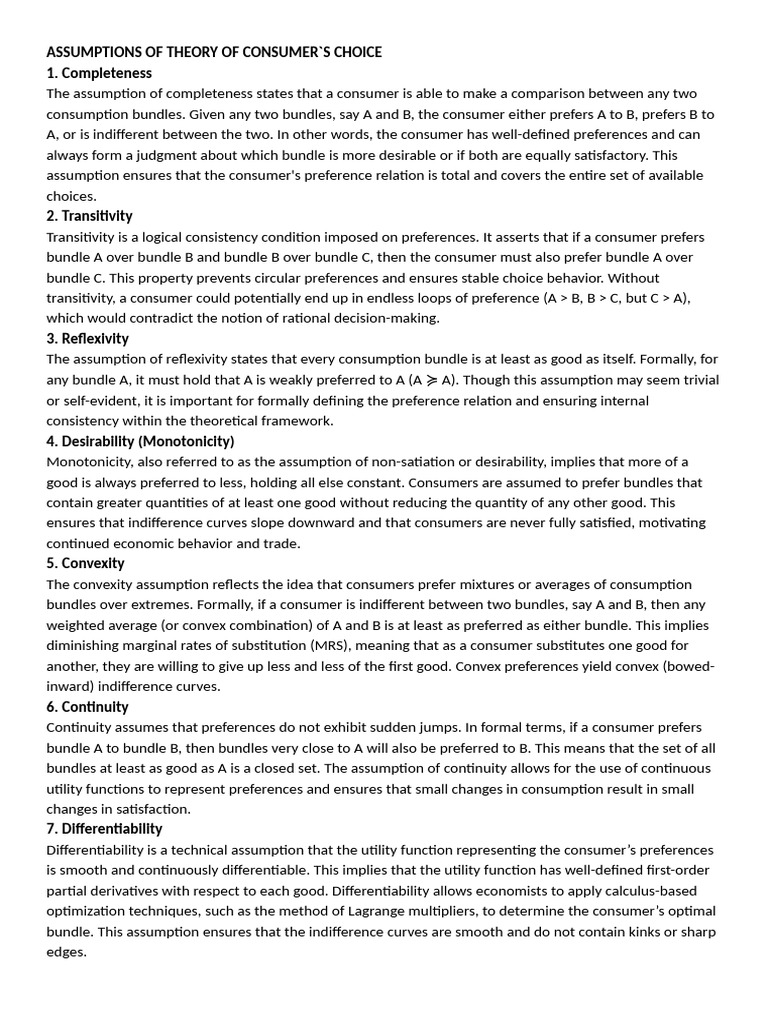 Assumptions of Consumer Choice Theory | PDF | Utility | Economics