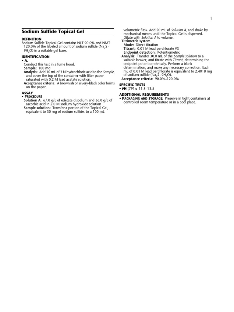 Sodium Sulfide Gel Specifications | PDF | Titration | Chemistry