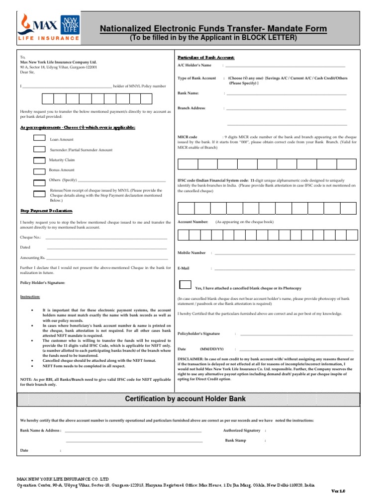 Nationalized Electronic Funds Transfer-Mandate Form: (To Be Filled in ...