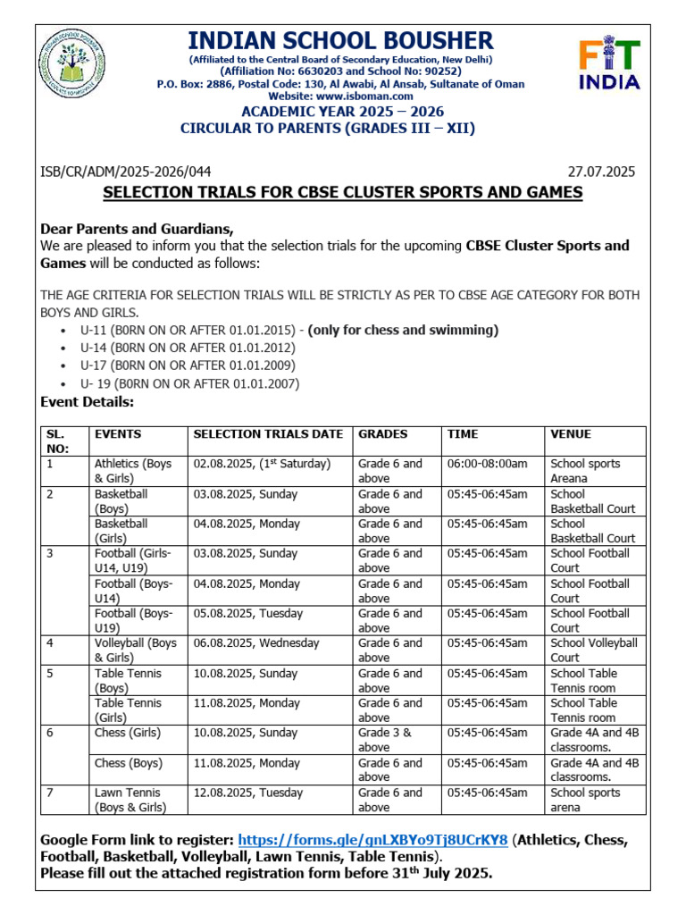 Circular With Google Form For Cbse Sports Selection Trials. 2025-2026 ...