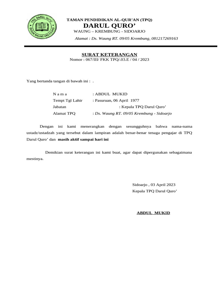 Contoh Surat Keterangan TPQ | PDF