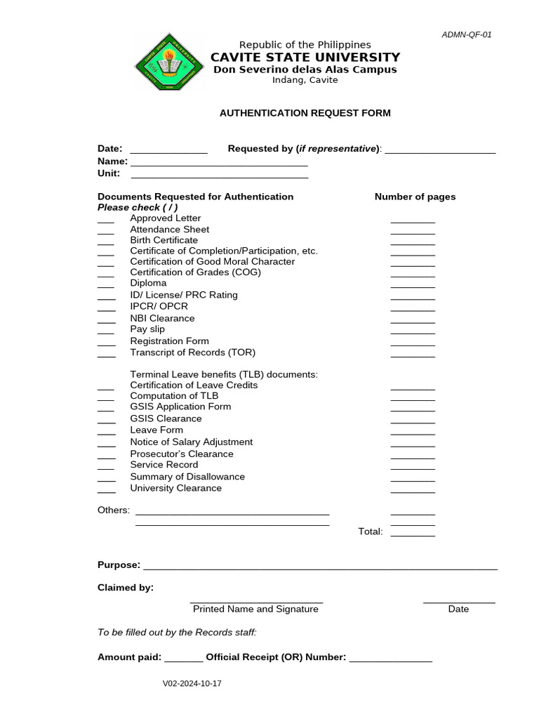 ADMN-QF-01 Authentication Request Form (V2) | PDF | Authentication