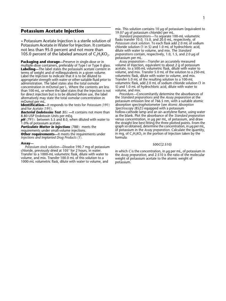 Potassium Acetate Injection Overview | PDF | Potassium | Chemistry