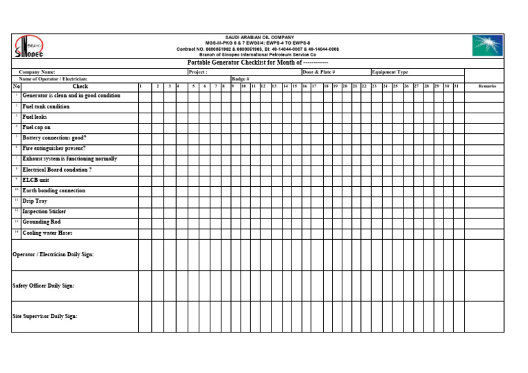 Portable Generator Safety Checklist | PDF