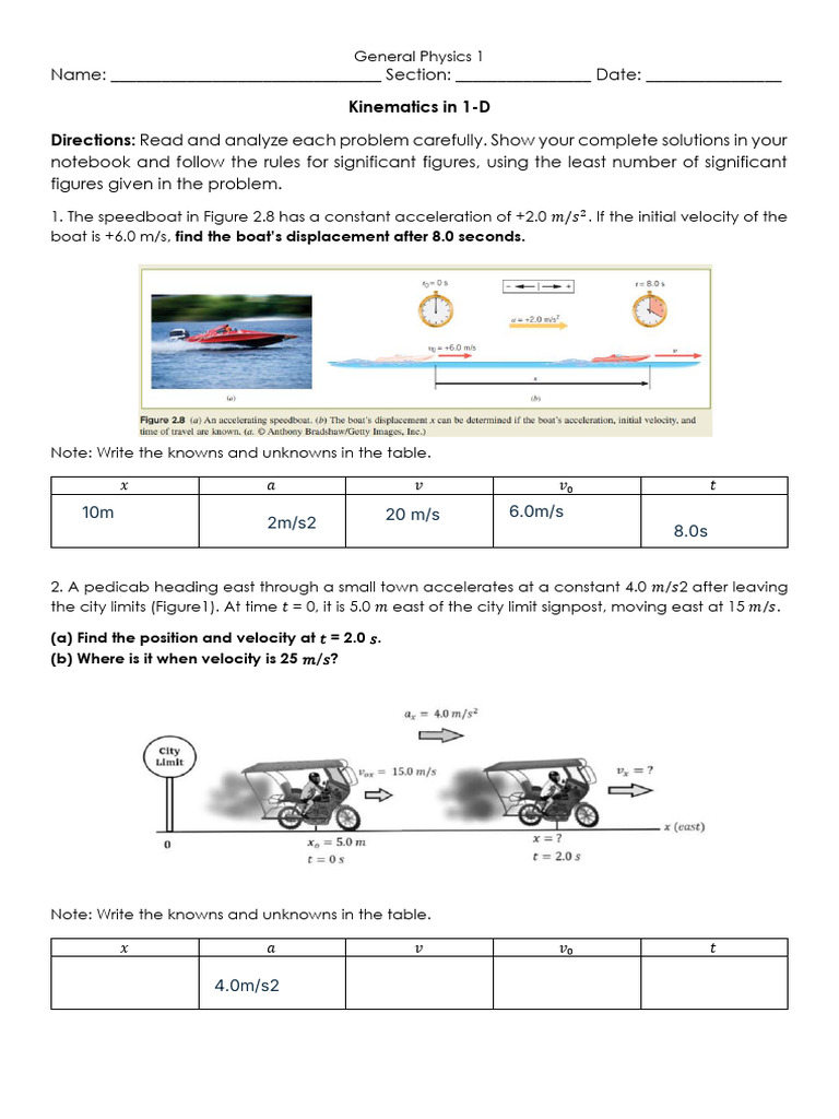 Problem Sets - Kinematics in 1-D | PDF | Kinematics | Velocity