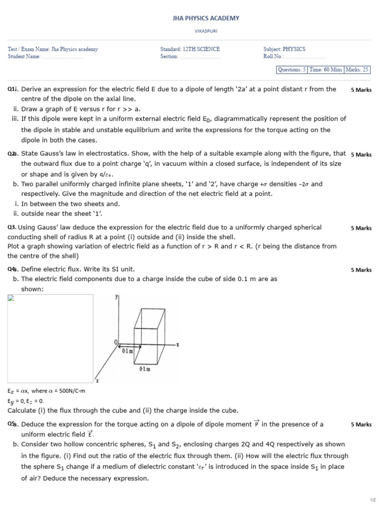 Class 12 Physics Exam Questions | PDF | Electric Field | Physical Sciences
