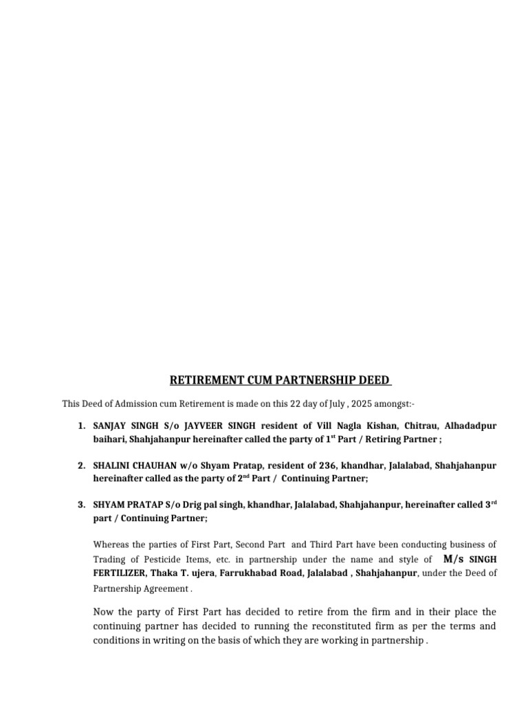 Retirement Cum Partnership Deed Format | PDF | Expense | Partnership