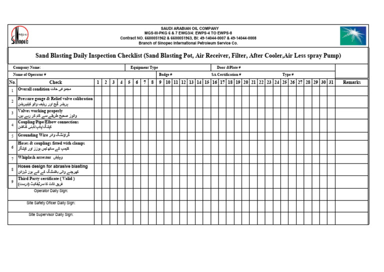 Sand Blasting Daily Checklist - Eng&urdu | PDF