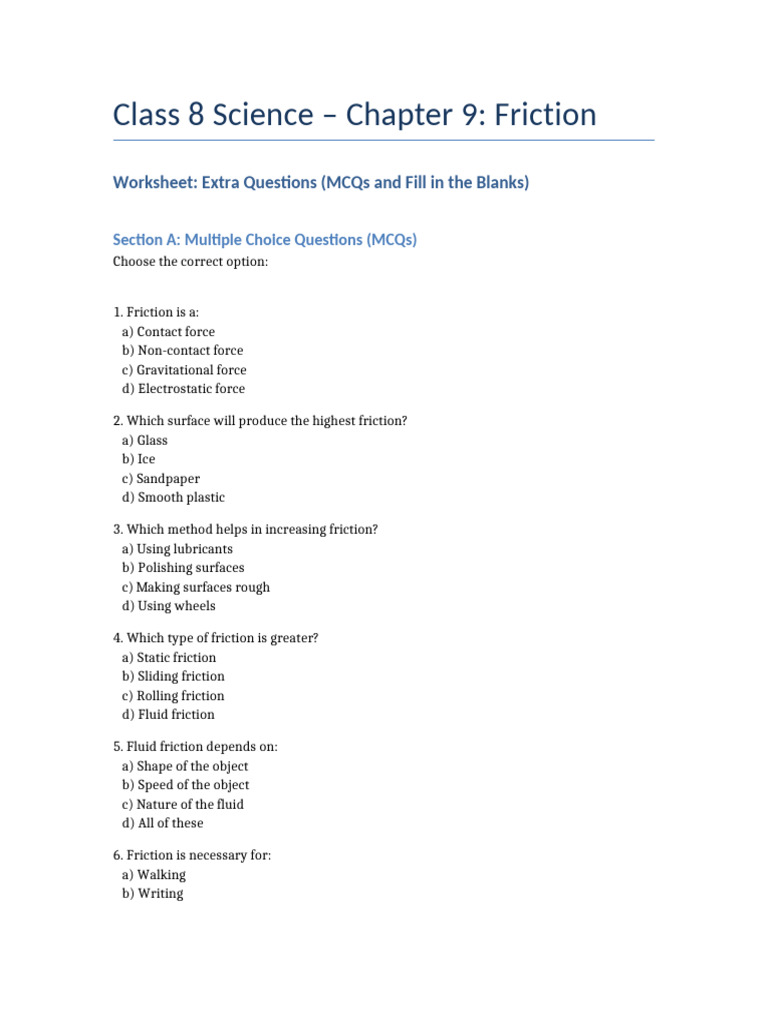 Class 8 Friction MCQs and Worksheet | PDF