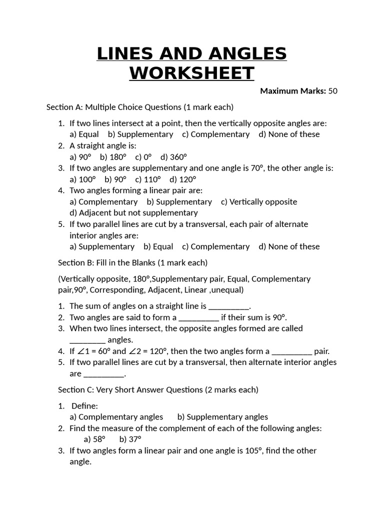 Lines and Angles Worksheet | PDF | Angle | Trigonometry
