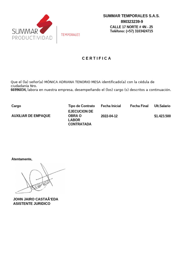 SUMMAR TEMPORALES S A S Certificado Carta Laboral 98652181 | PDF