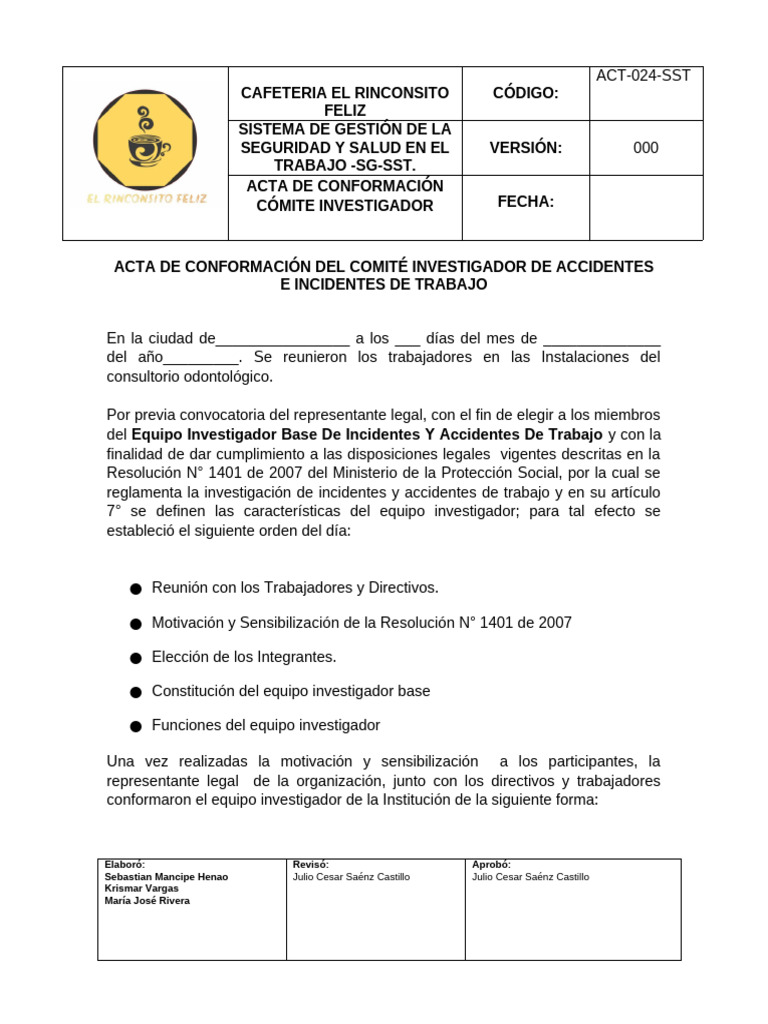 Act-024-Sst-000-Acta de Conformación Del Cómite Investigador | PDF ...