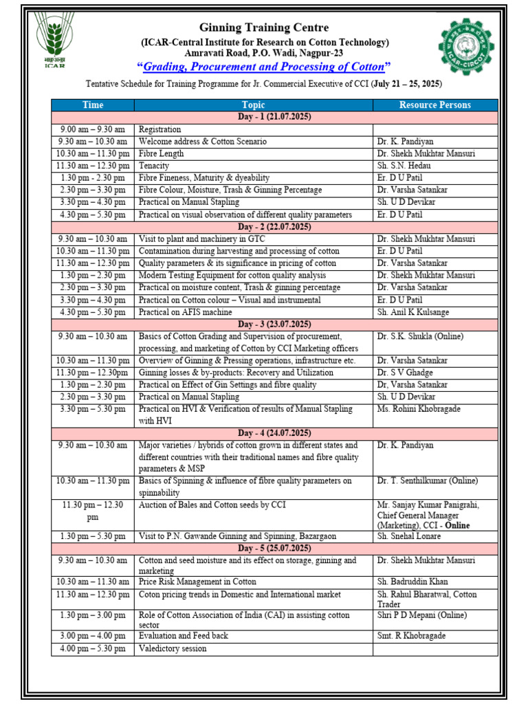 Revised Time Table - JCE CCI July 2025 - Final | PDF | Cotton ...