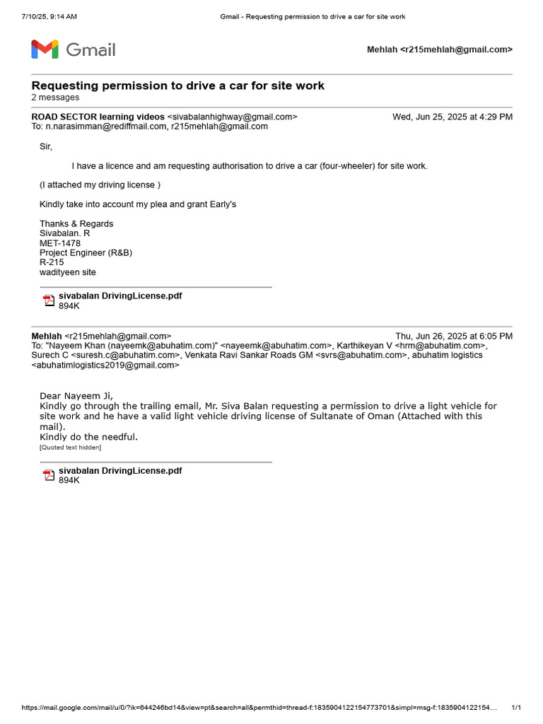 Gmail - Requesting Permission To Drive A Car For Site Work | PDF