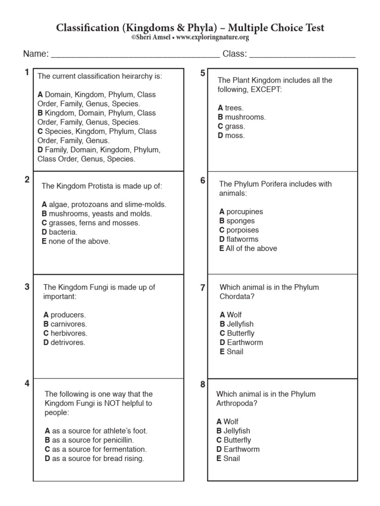 Classification Kingdoms Phyla Multiple Choice W Key | PDF | Fungus | Genus