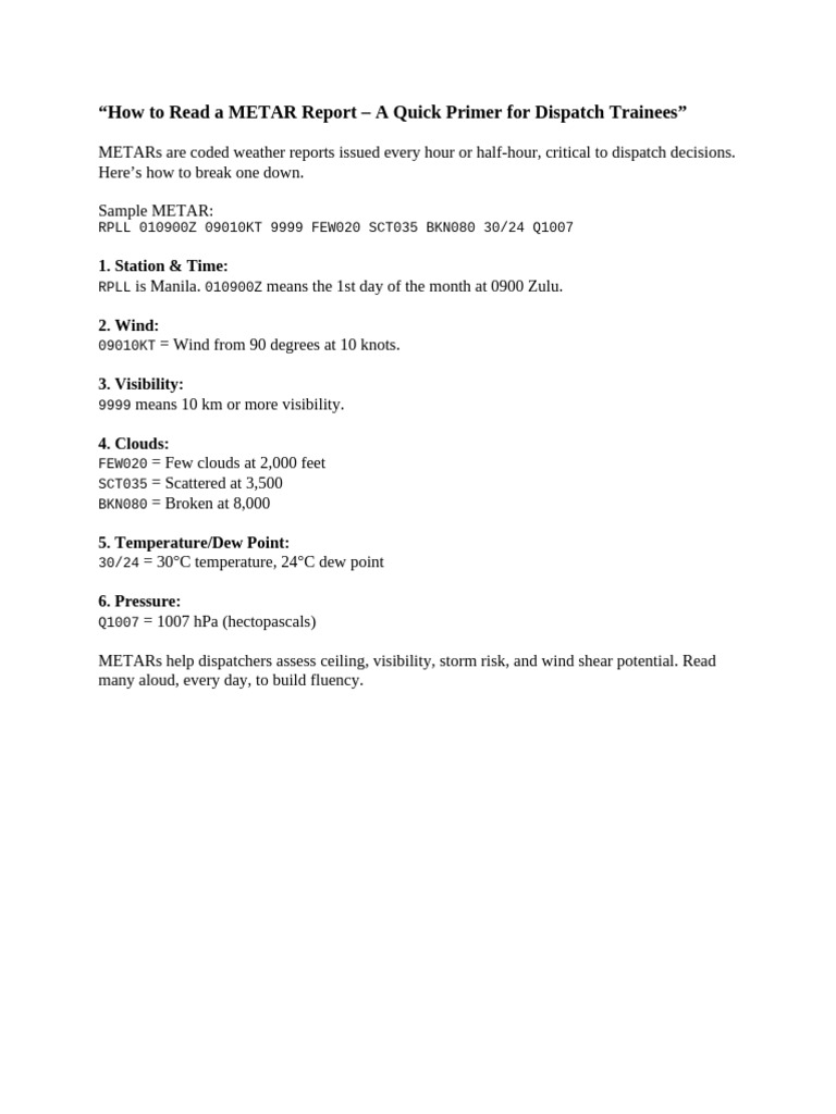 How to Read METAR Reports for Dispatch | PDF