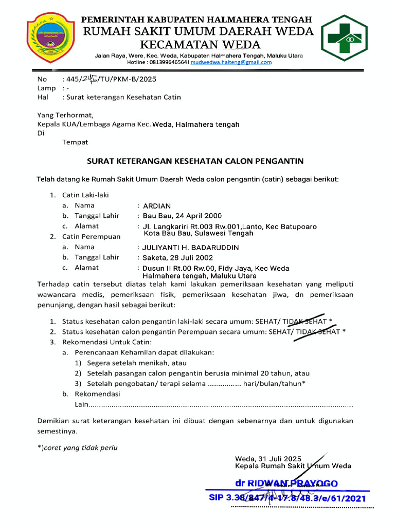 Surat Keterangan Sehat Catin - 768 | PDF