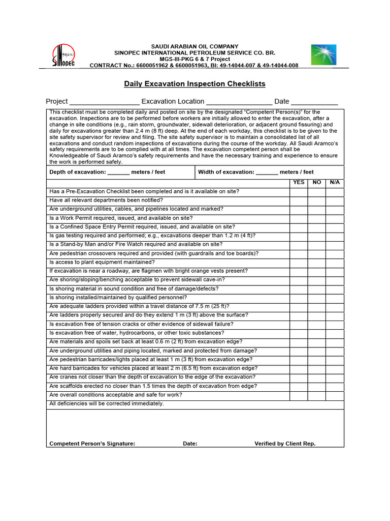 Daily Excavation Inspection Checklist | PDF