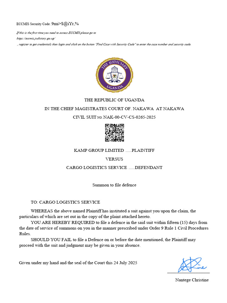 NAK-00-CV-CS-0265-2025 - Summon To File Defence - SUM0001 | PDF