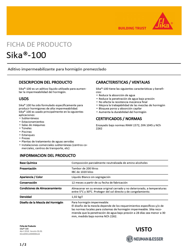 Ficha Técnica Sika®-100 | PDF | Hormigón | Agua
