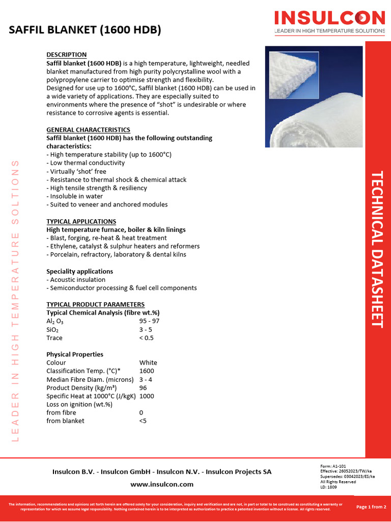 Saffil Blanket 1600 HDB Datasheet | PDF | Refractory | Materials Science