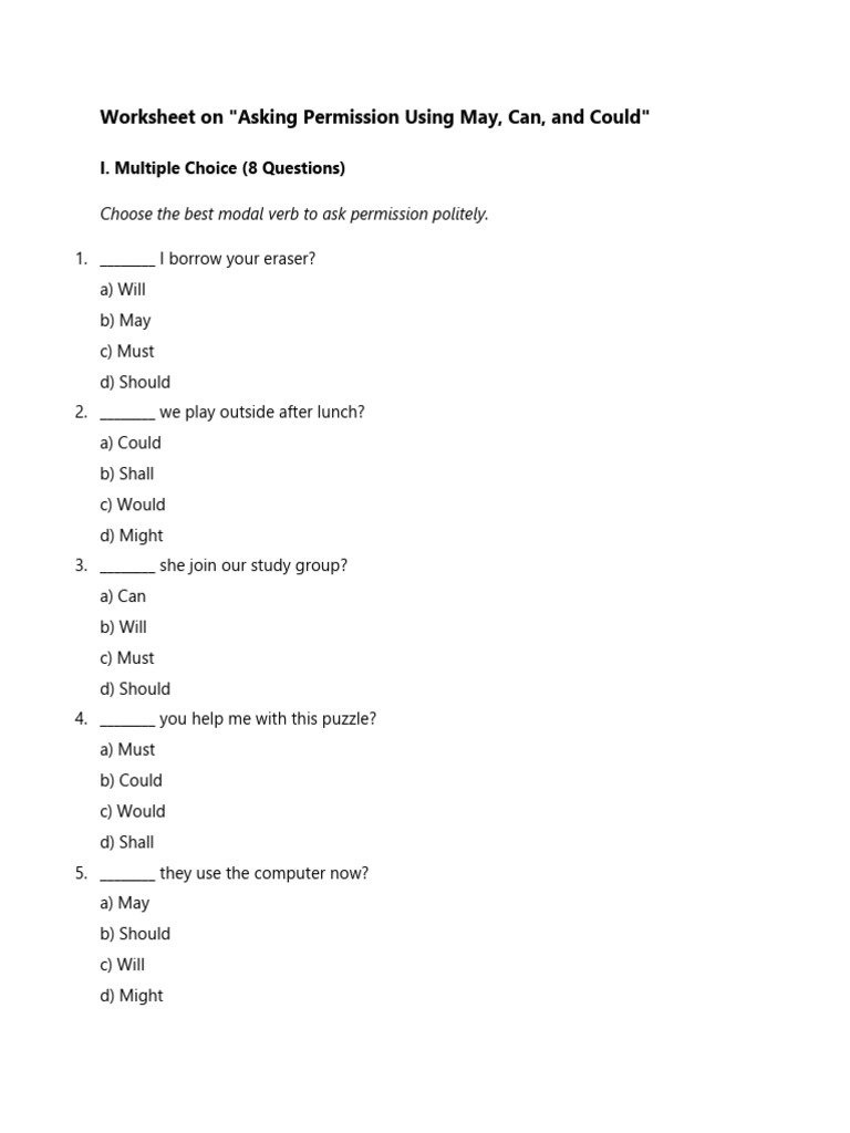Asking Permission: May, Can, Could Worksheet | PDF