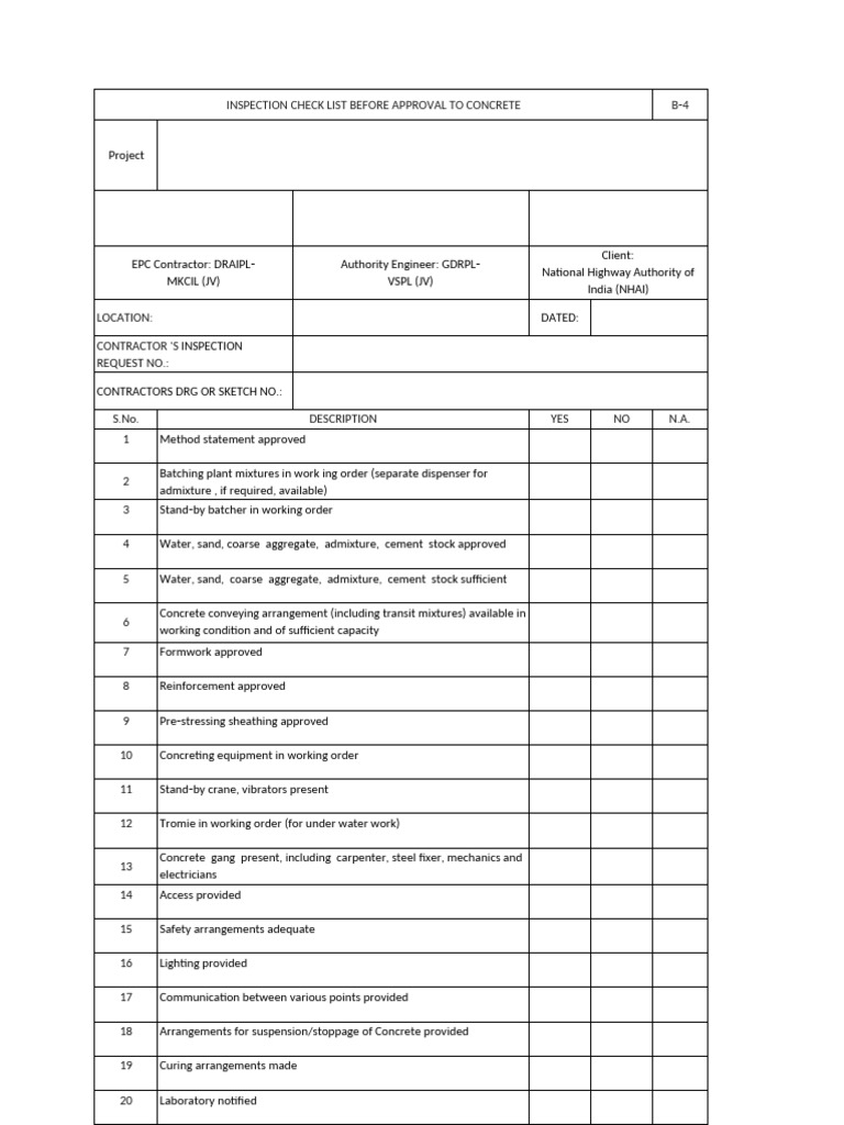 Concrete Approval Inspection Checklist | PDF
