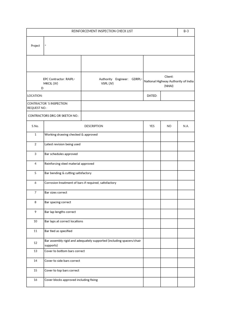 Reinforcement Inspection Checklist | PDF