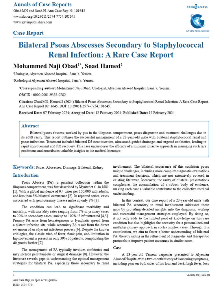 Bilateral Psoas Abscesses Secondary To Staphylococcal Renal Infection ...