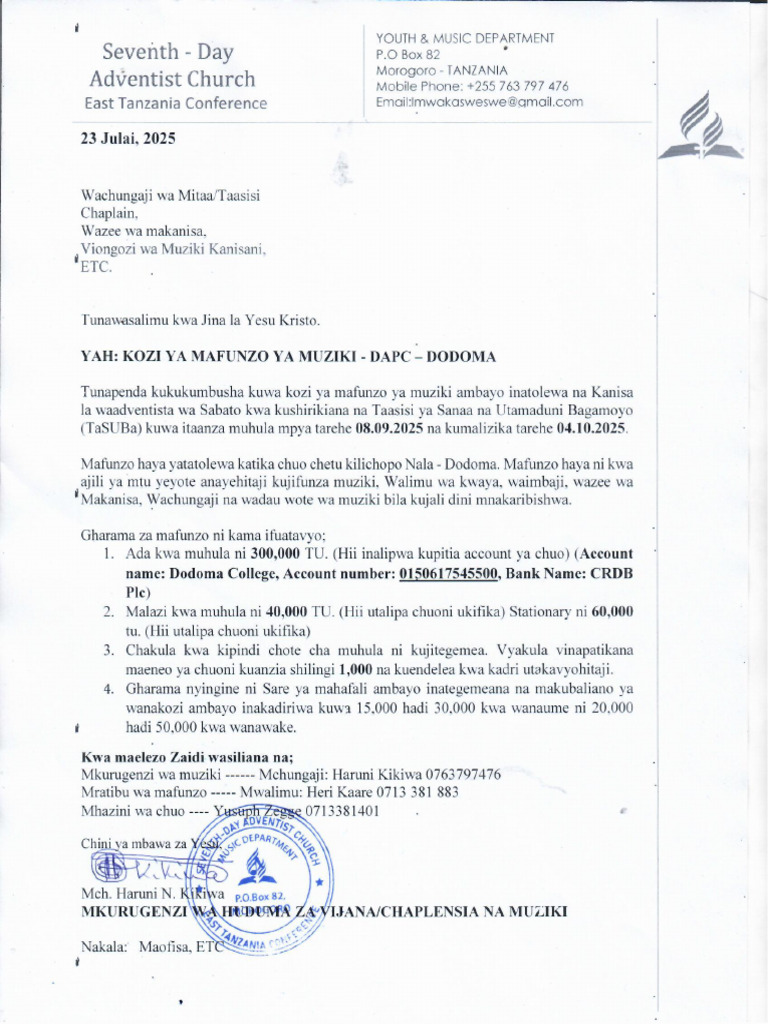 Barua - Kozi Ya Muziki Dodoma | PDF