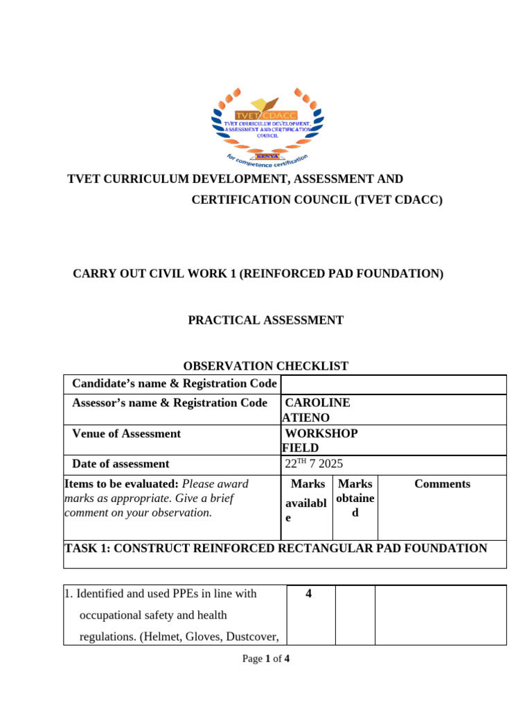 Assessor Checklist Pad Foundation | PDF | Concrete | Personal Protective Equipment