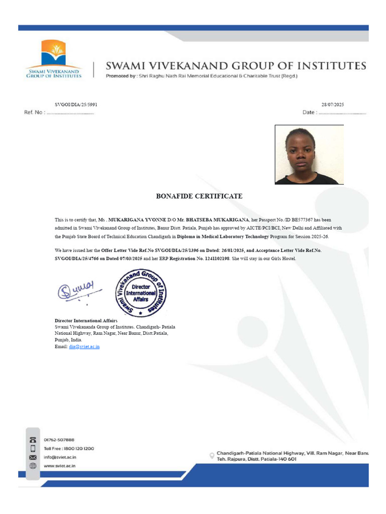 Bonafide Certificate - MUKARIGANA YVONNE - Diploma in Medical Laboratory Technology - Compressed ...