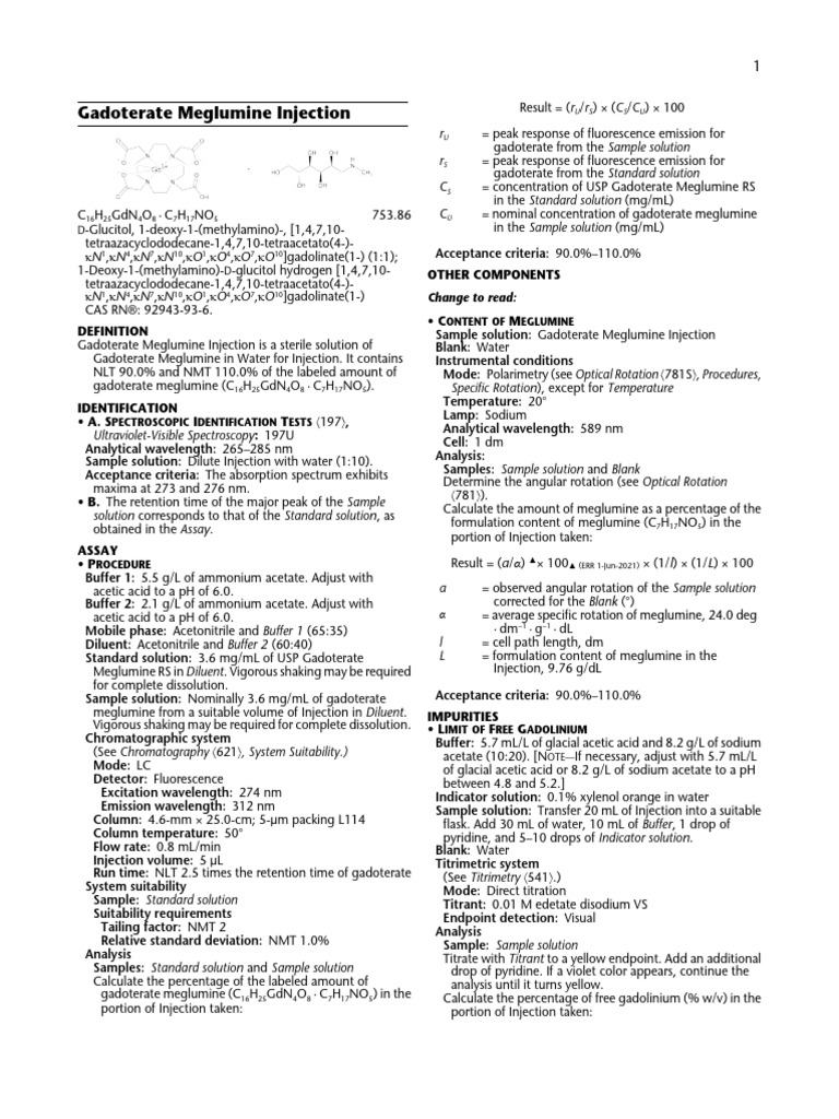 Gadoterate Meglumine Injection | PDF | Titration | Chemistry