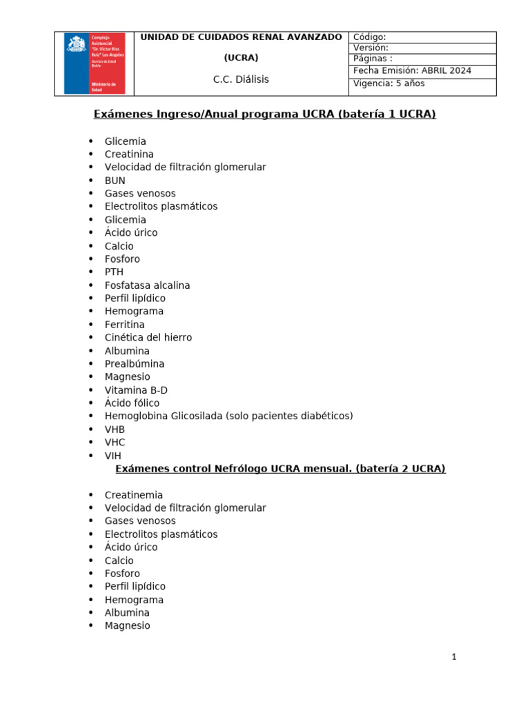 Exámenes UCRA para Cuidados Renales | PDF