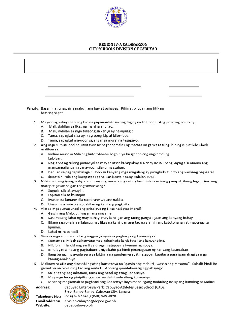 Panubok Na Pagsusulit - Esp10 | PDF